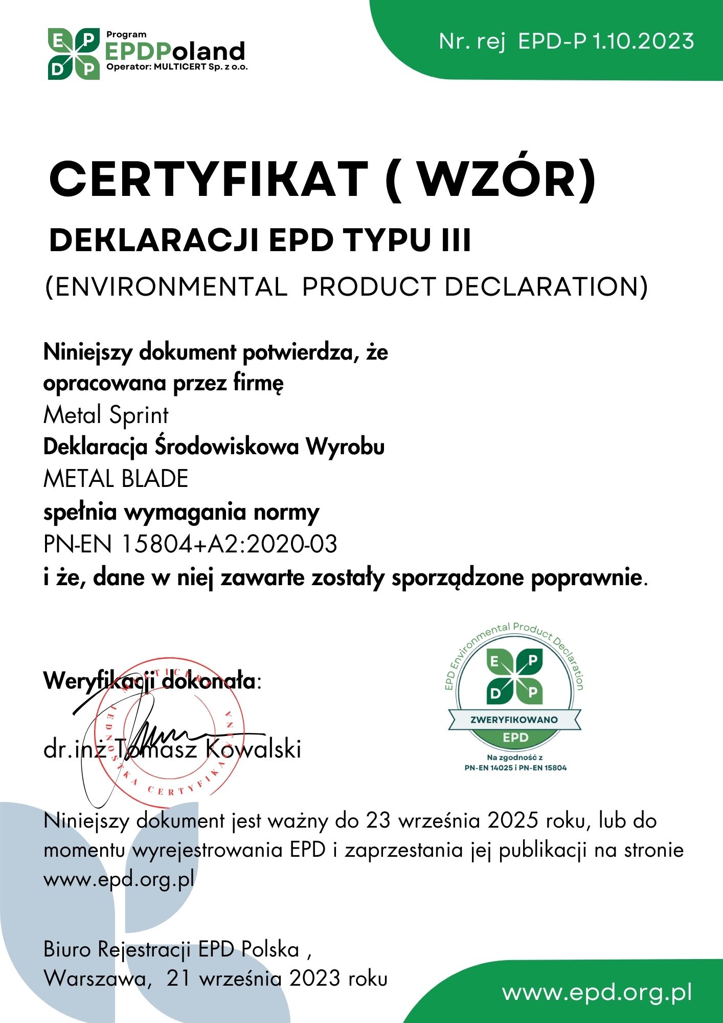 Certyfikacja EPD - Deklaracji Środowiskowej Wyrobu